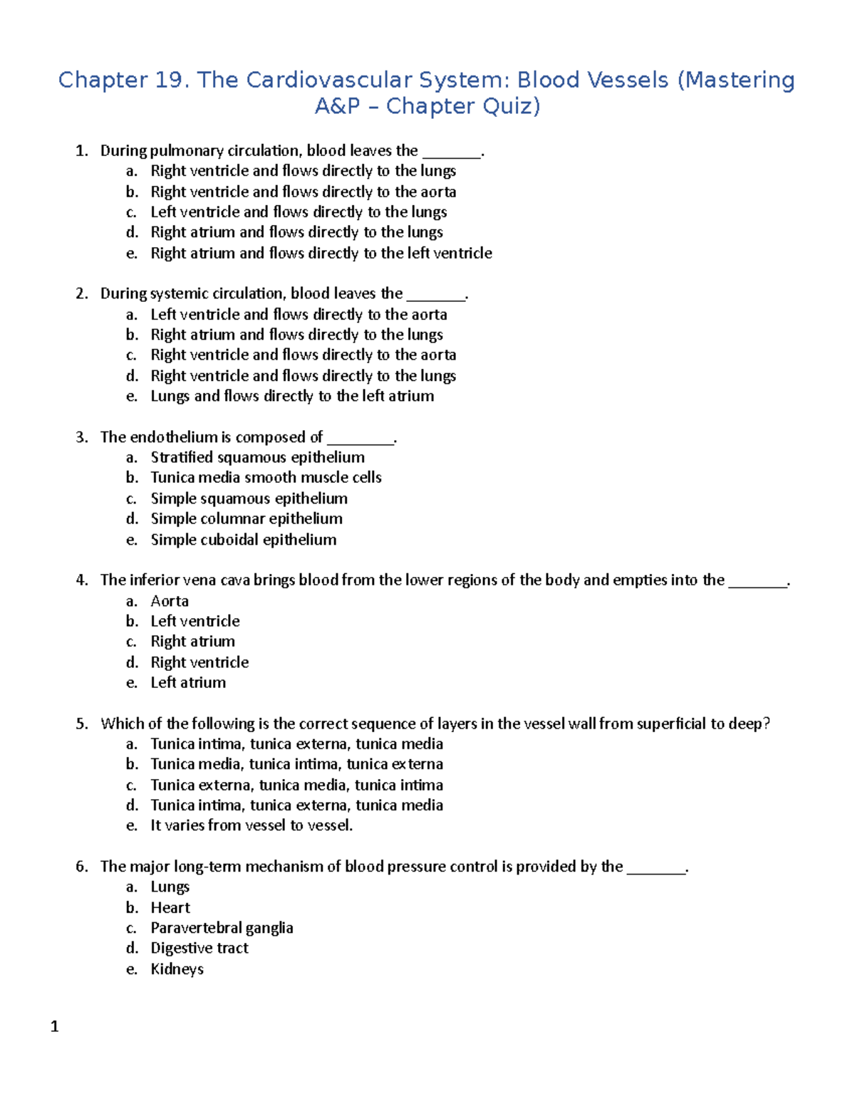 Chapter 19. Chapter Quiz (Pearson) - Chapter 19. The Cardiovascular ...