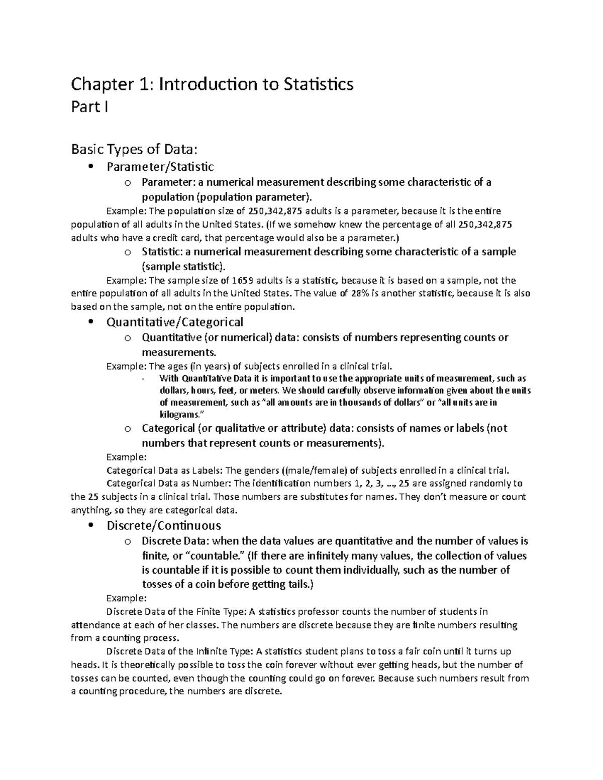 Chapter 1 – Part I - Chapter 1: Introduction to Statistics Part I Basic Types of Data: - Studocu