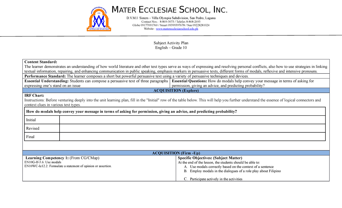 Eng10 SAP WEEK4 edited - For teachers who need a Subject Activity Plan ...