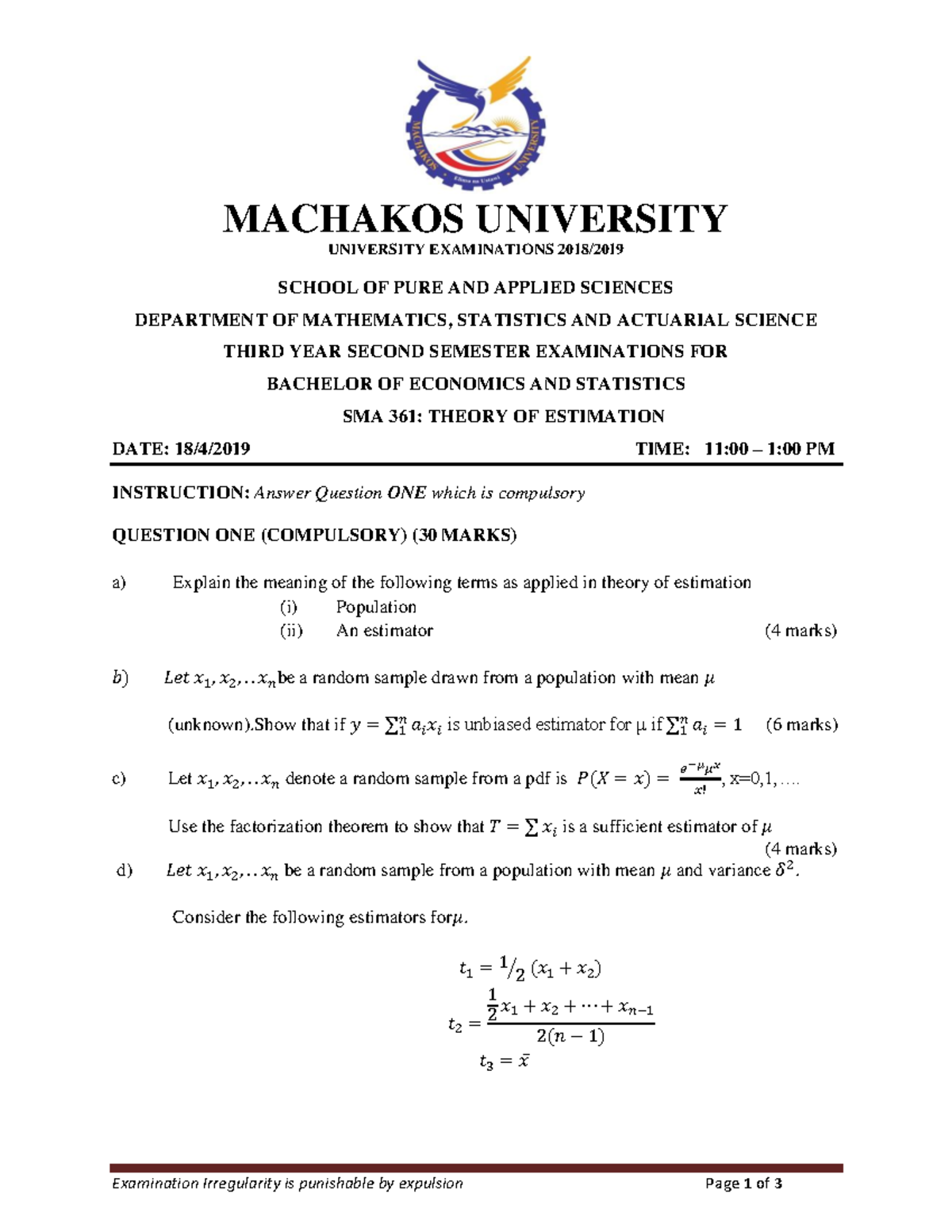 SMA 361 Theory OF Estimation 1 - Examination Irregularity is punishable ...
