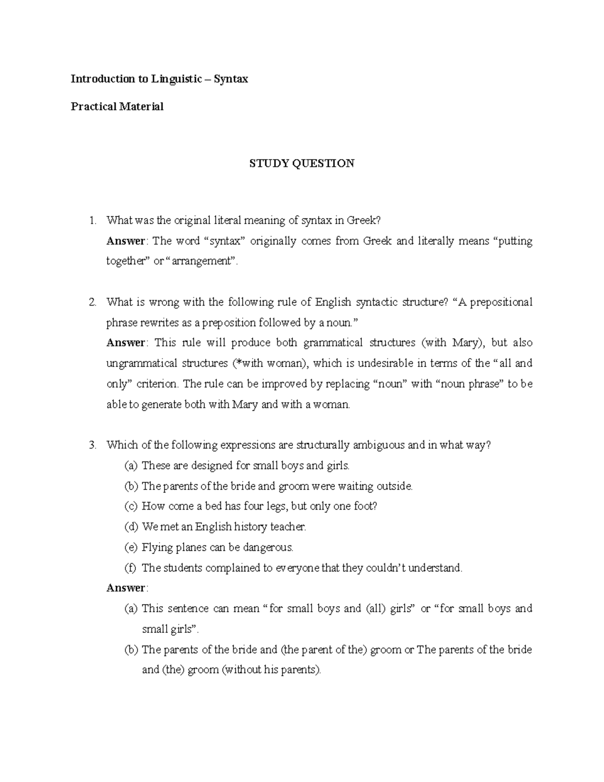 Practical Material - Syantax - Introduction to Linguistic – Syntax ...
