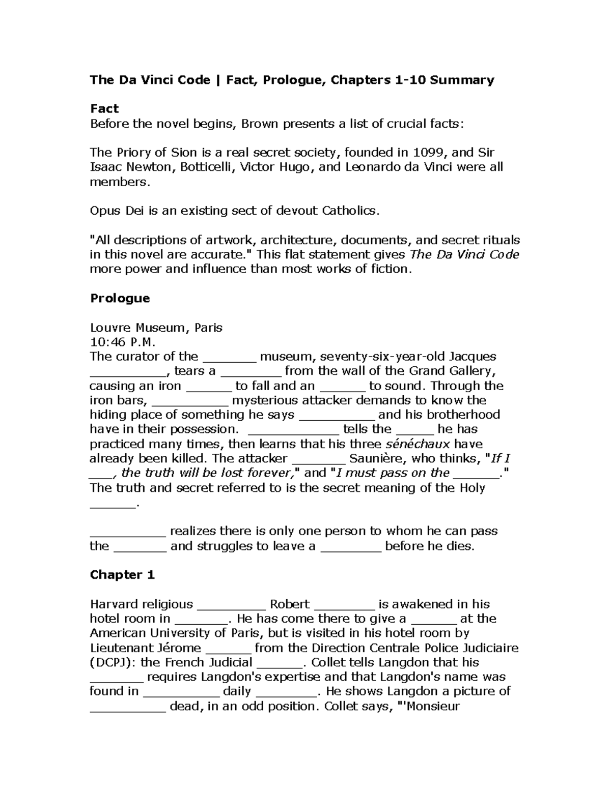 Da Vinci Code Study Guide 1-10 - The Da Vinci Code | Fact, Prologue ...