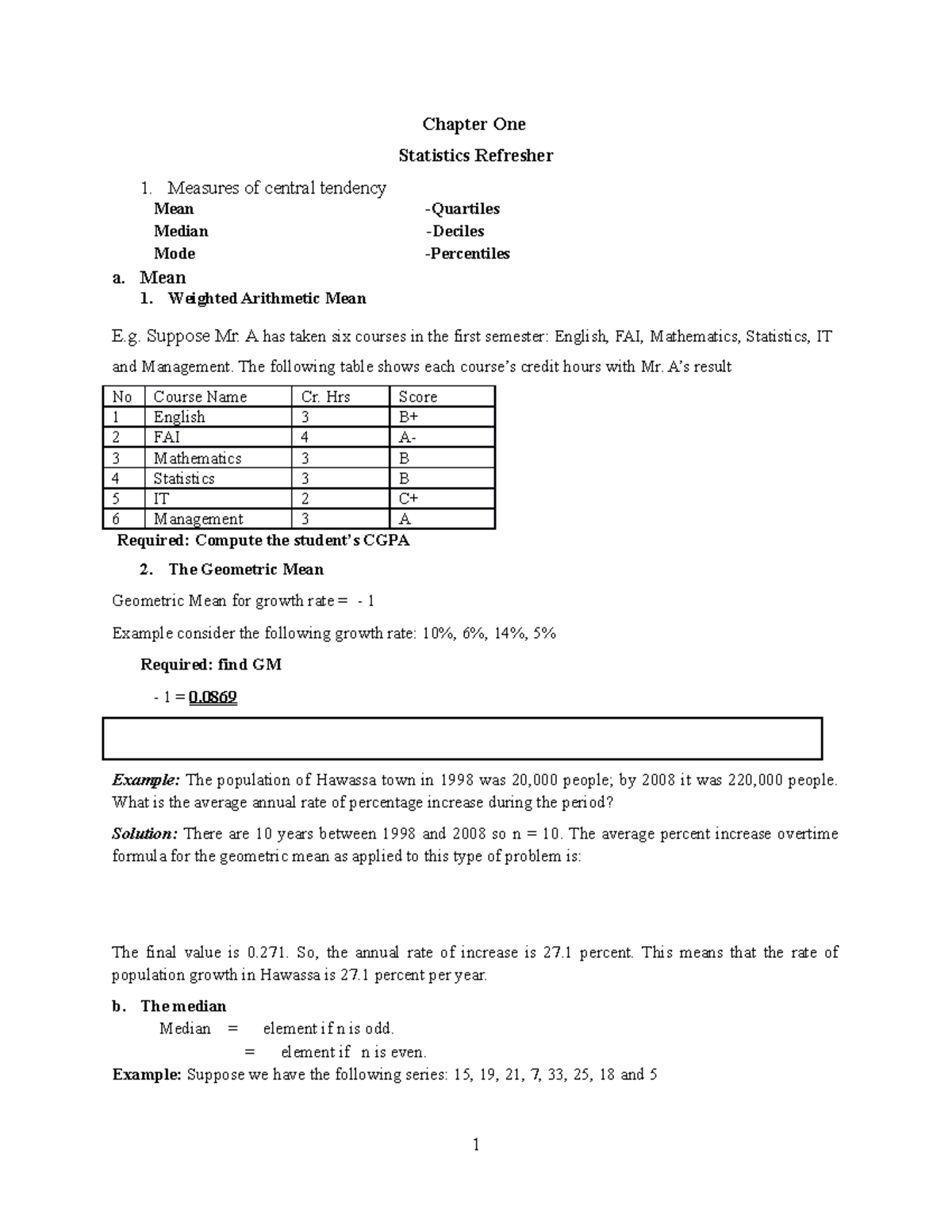 Chapter One Illustration - Chapter One Statistics Refresher 1. Measures ...