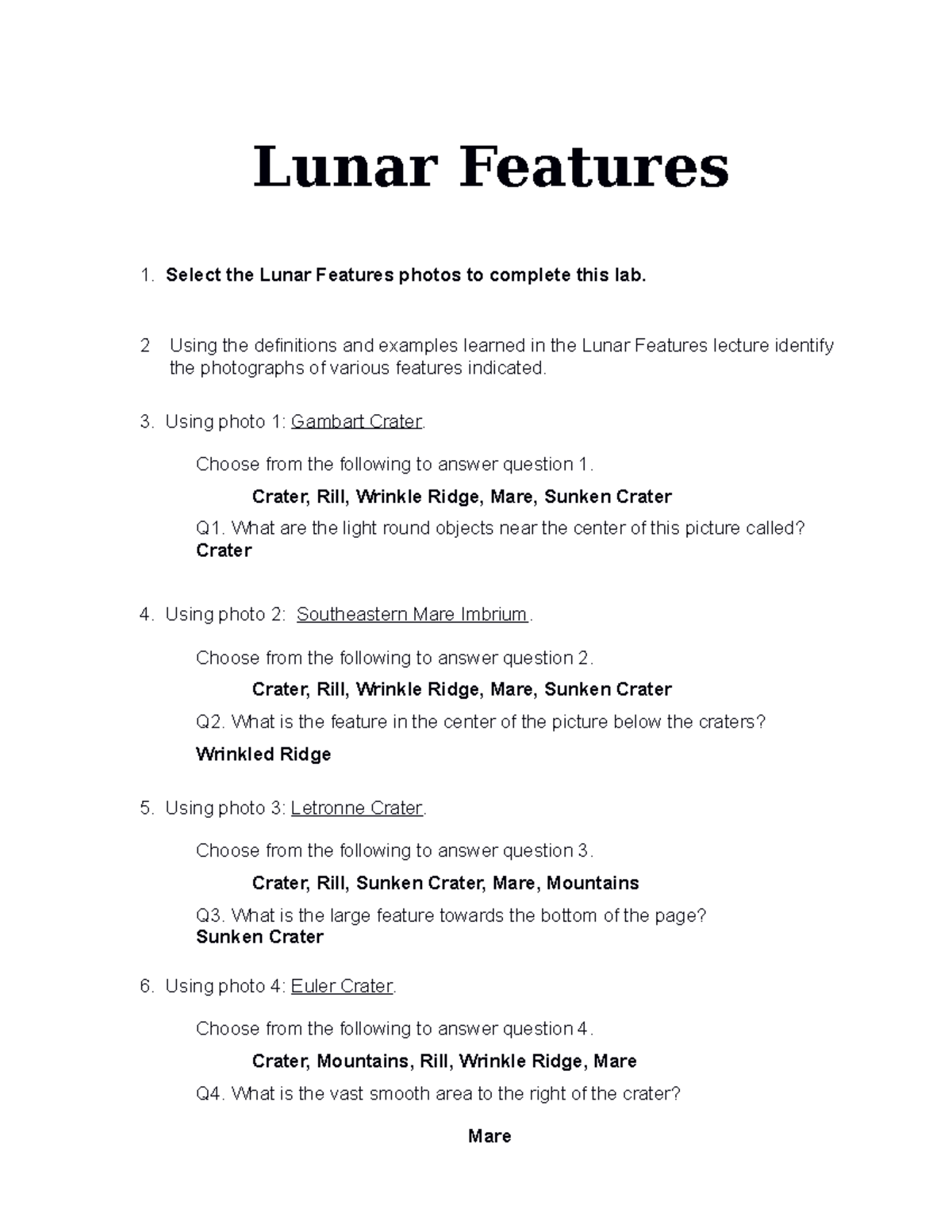 Lunar features e version - Lunar Features Select the Lunar Features photos to complete this lab ...