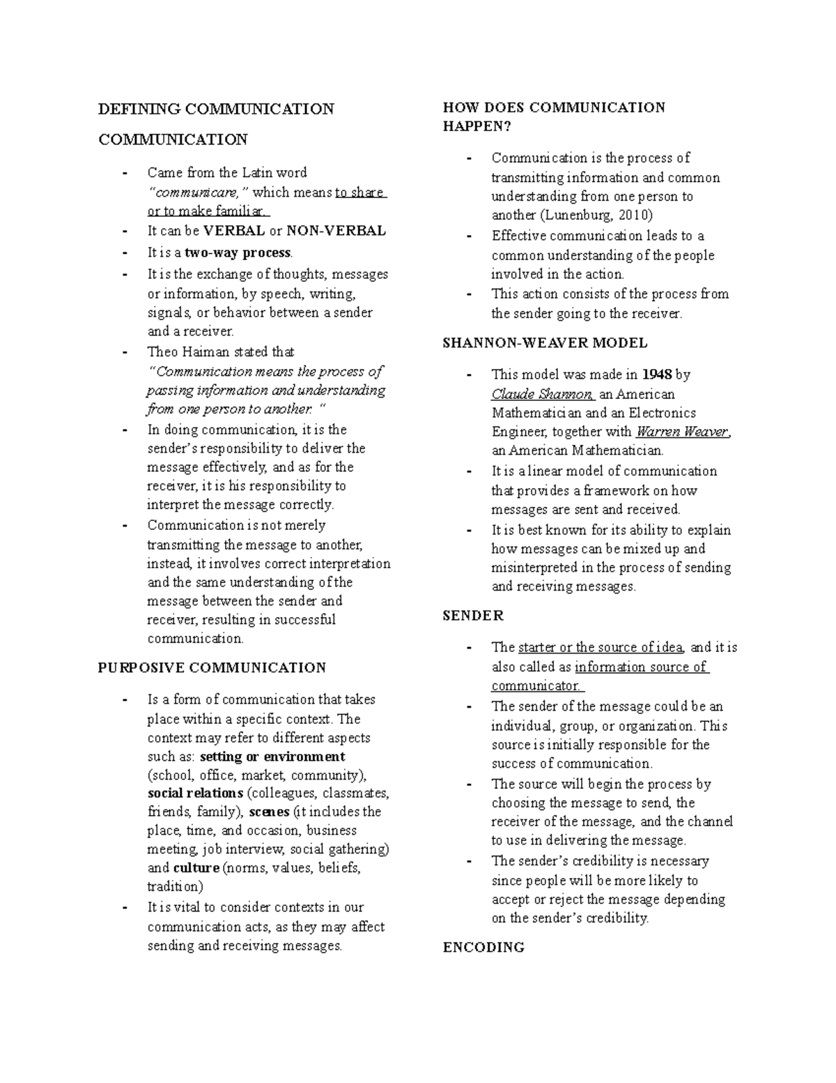 Midterms IN COMA 101 - DEFINING COMMUNICATION COMMUNICATION - Came from ...