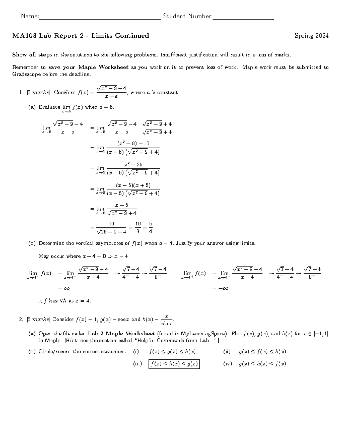 MA103 Lab 2 Solutions - Name: Student Number: MA103 Lab Report 2 ...