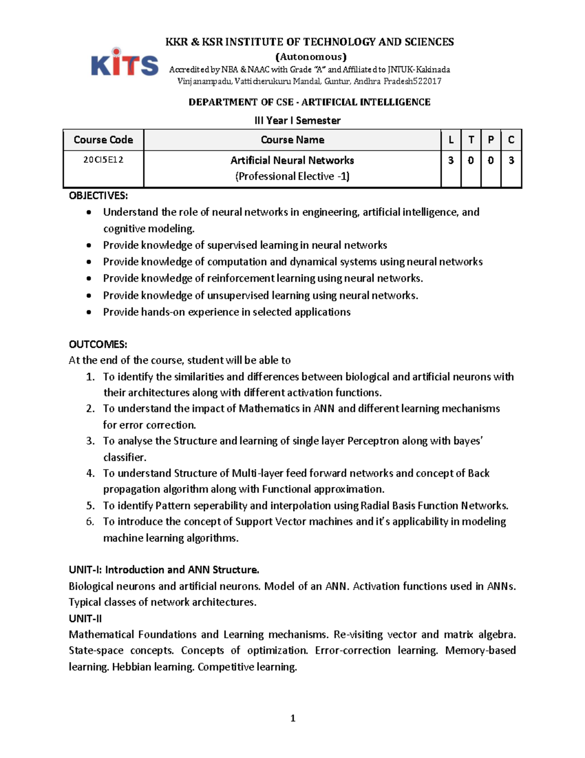 ANN - Notes on ANN - KKR & KSR INSTITUTE OF TECHNOLOGY AND SCIENCES ...