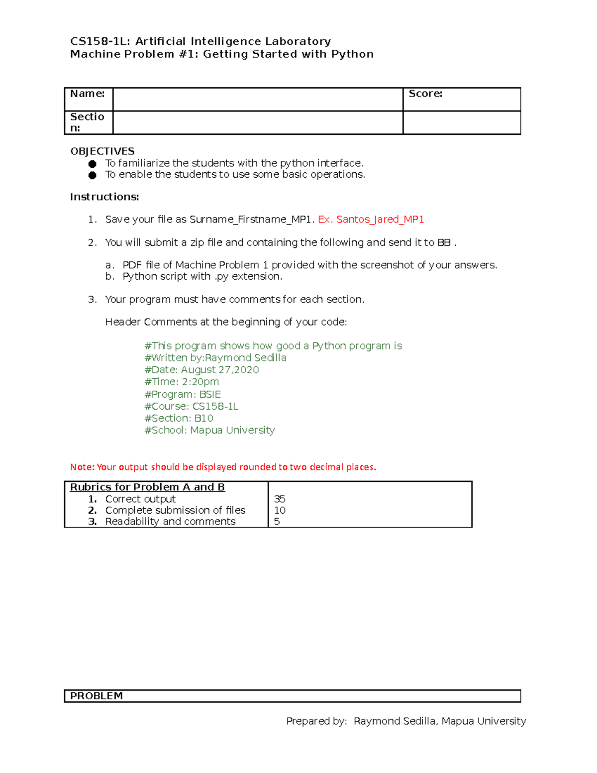 MP1 - sdadasda - Machine Problem #1: Getting Started with Python Name: Score: Sectio n ...