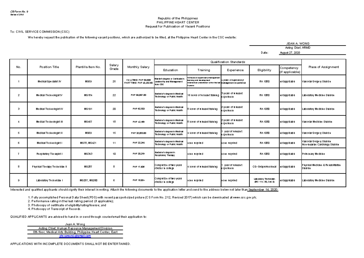 Job vacancies 08 27 2020 - CS Form No. 9Series of 2018 To: CIVIL ...