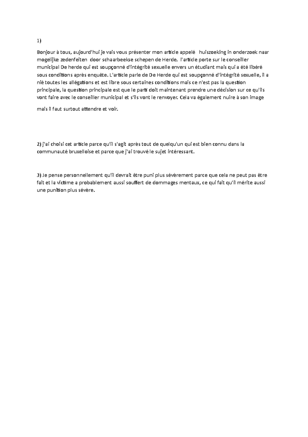 Frans presentatie - hghdhehtdhf - 1) Bonjour à tous, aujourd'hui je ...