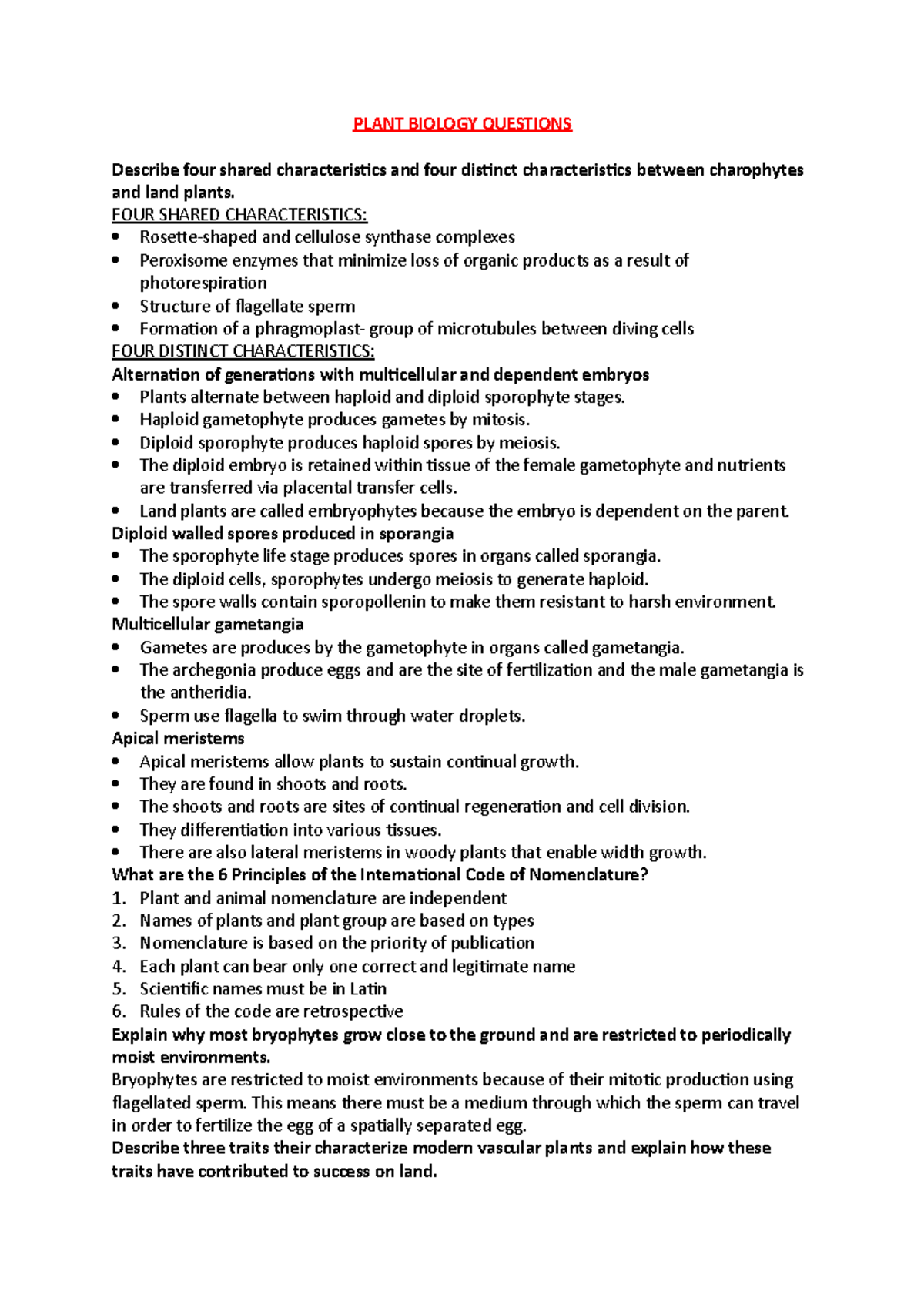 Plant Biology Questions - PLANT BIOLOGY QUESTIONS Describe four shared ...