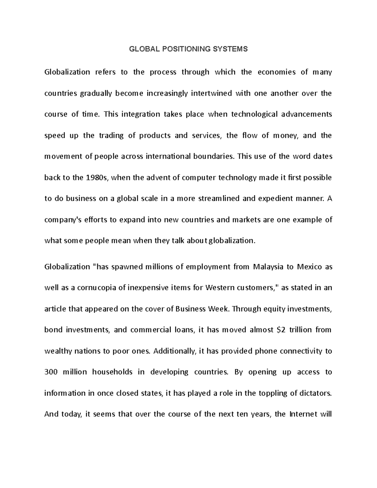 Global positioning systems - GLOBAL POSITIONING SYSTEMS Globalization ...