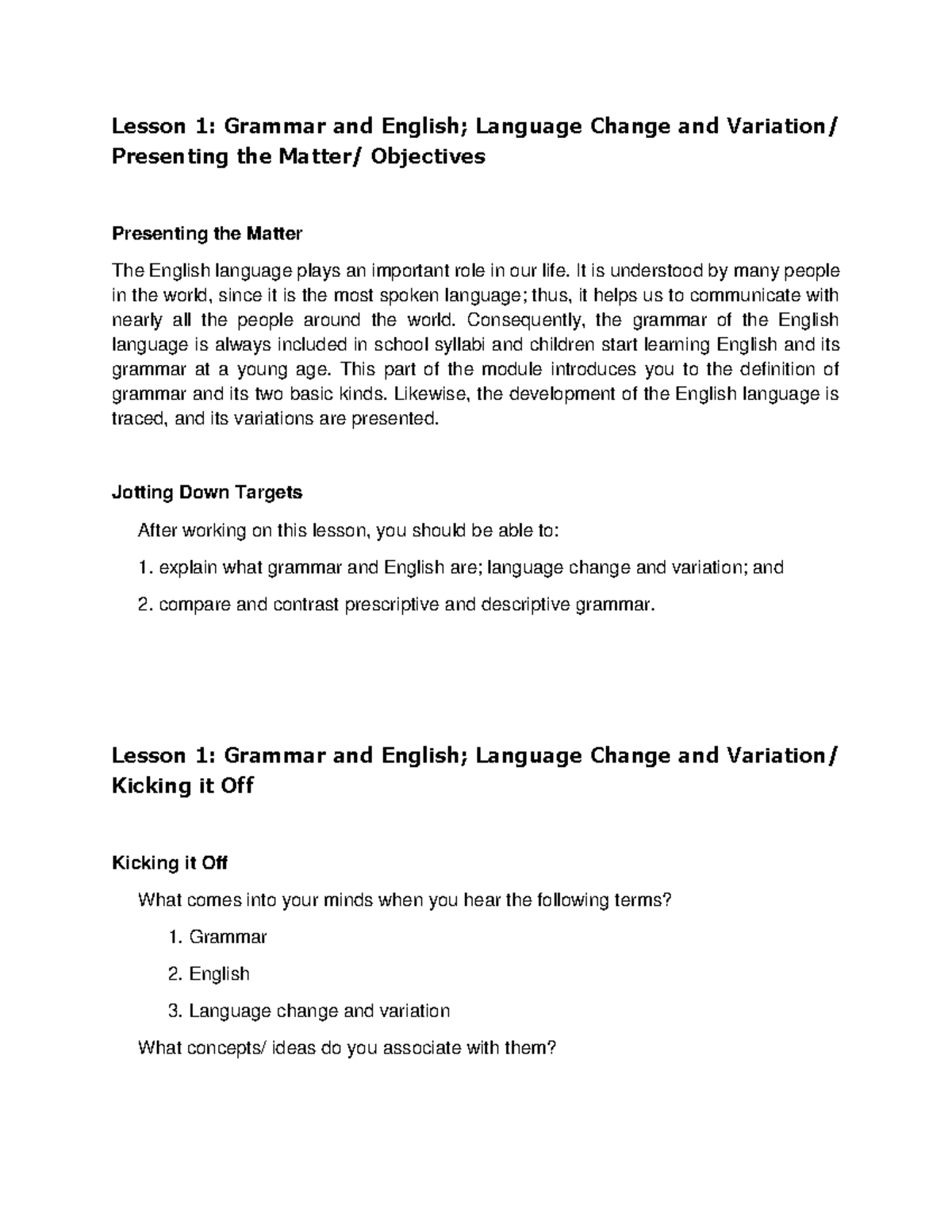 Lesson 1 Grammar and English - Lesson 1: Grammar and English; Language ...