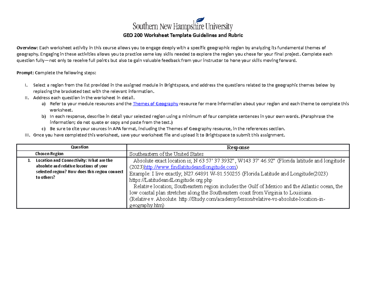 GEO 200 Worksheet Template Guidelines and Rubric - Engaging in these ...