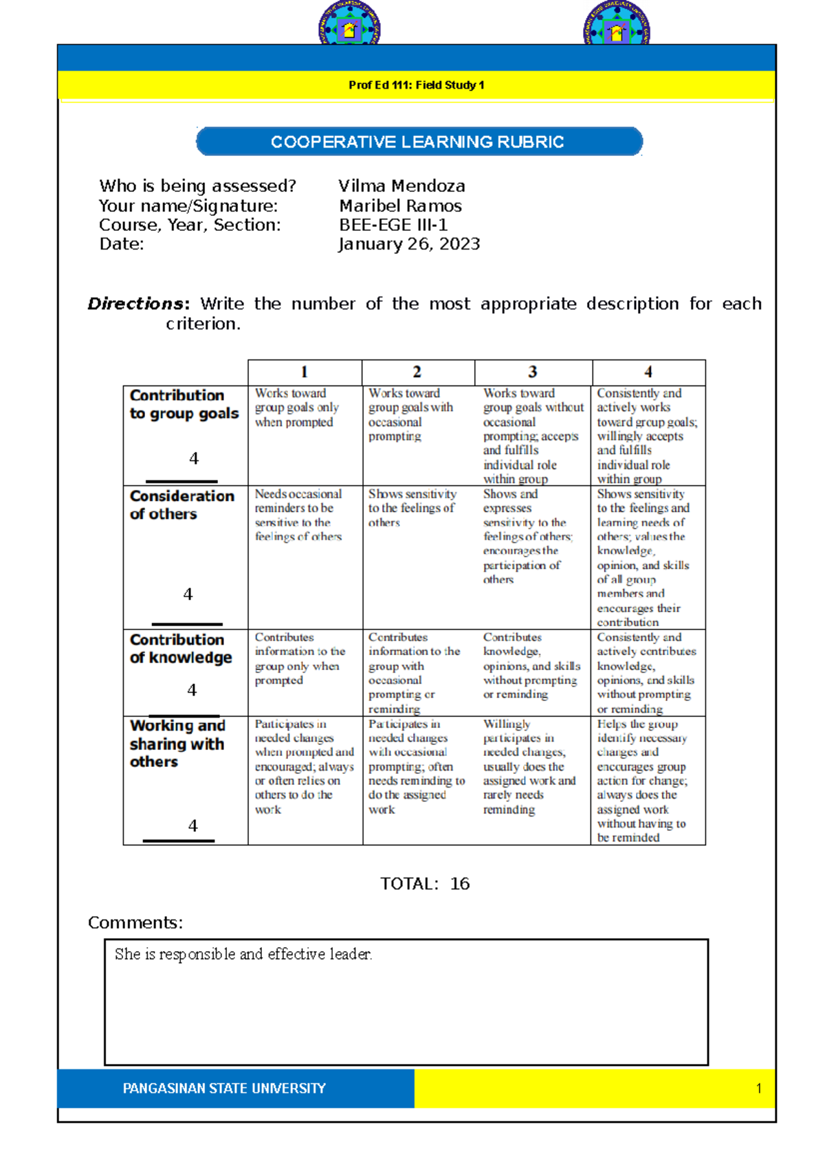 FS 1 Cooperative Learning Rubric - Directions: Write the number of the ...