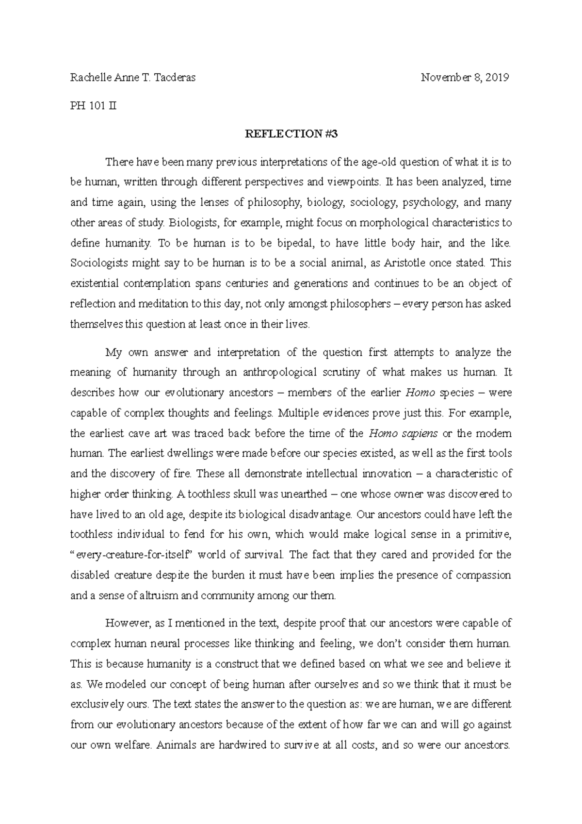 Philo 101 Reflection Paper Using Reyes' Man and Historical Action - Rachelle Anne T. Tacderas ...
