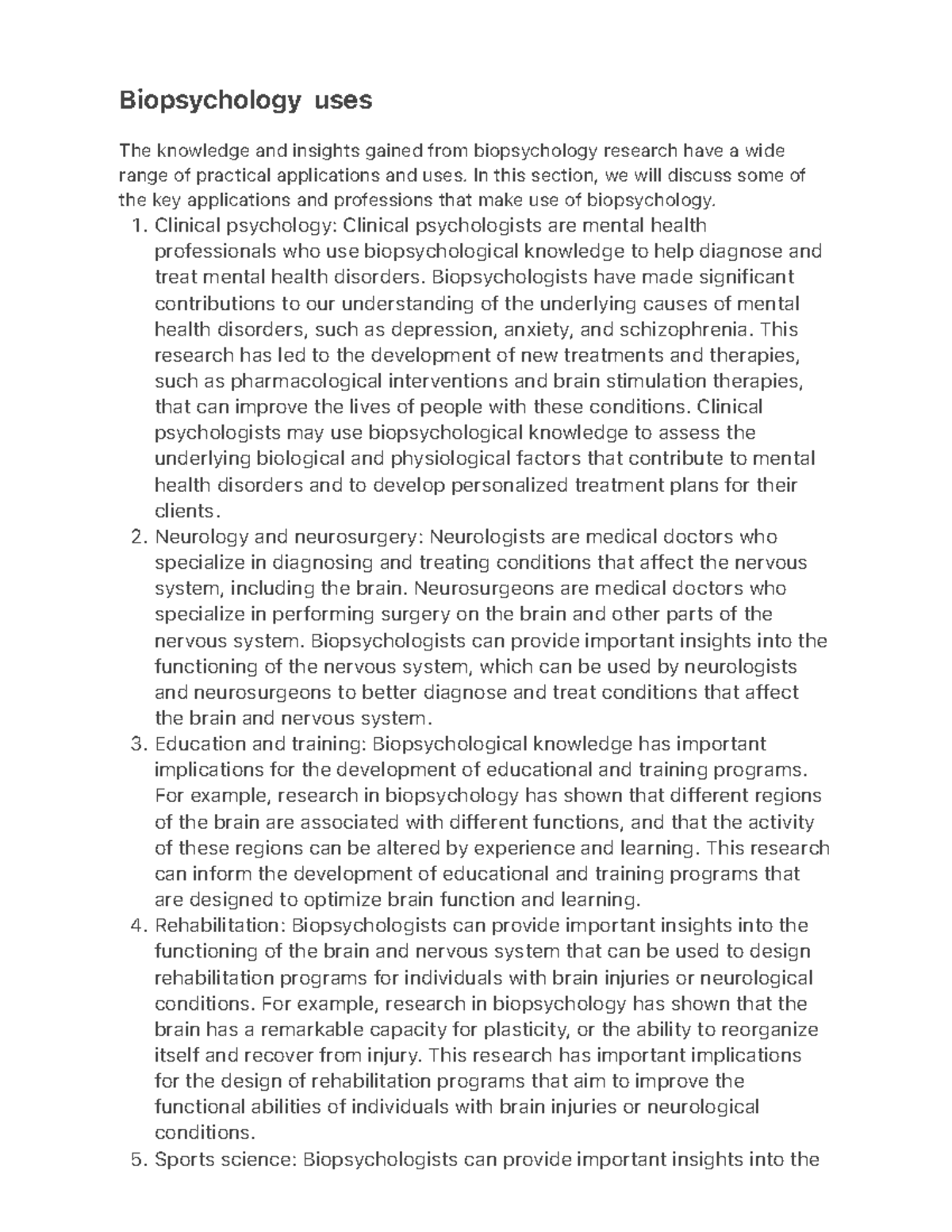 Biopsychology uses - notes - 1. 2. 3. 4. 5. Biopsychology uses The ...