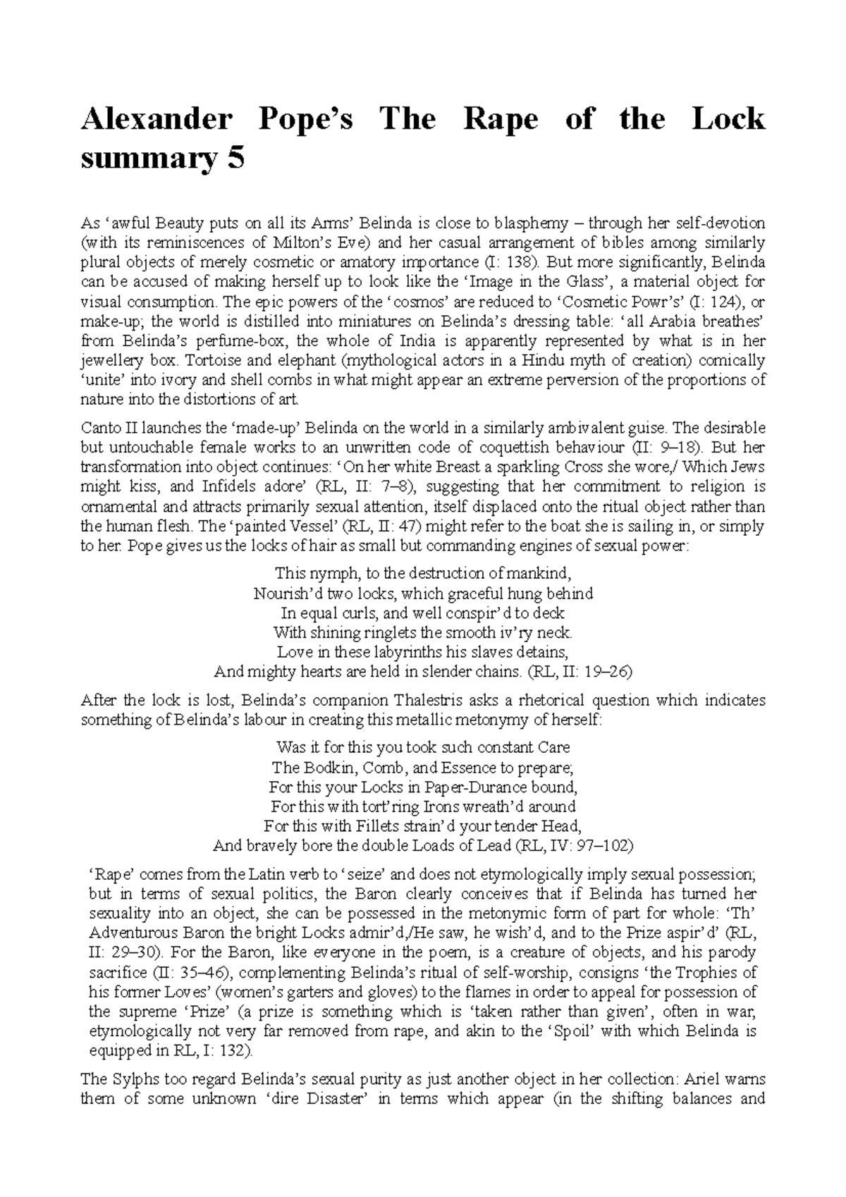 Alexander Pope’s The Rape of the Lock summary 5 - Alexander Pope’s The ...