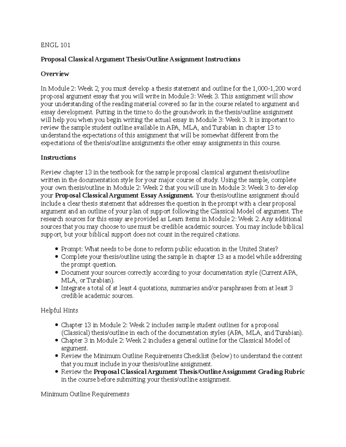 Outline Assignment Engl 101 Proposal Classical Argument Thesis Outline Assignment Instructions