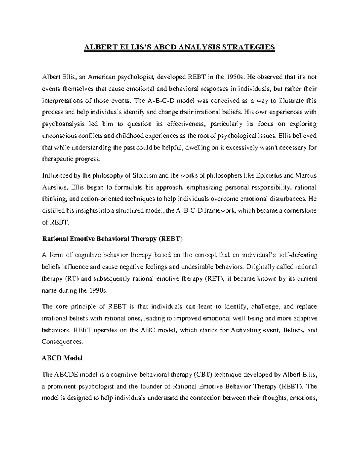 Albert Ellis’S ABCD Analysis Strategies 1 - ALBERT ELLIS’S ABCD ...