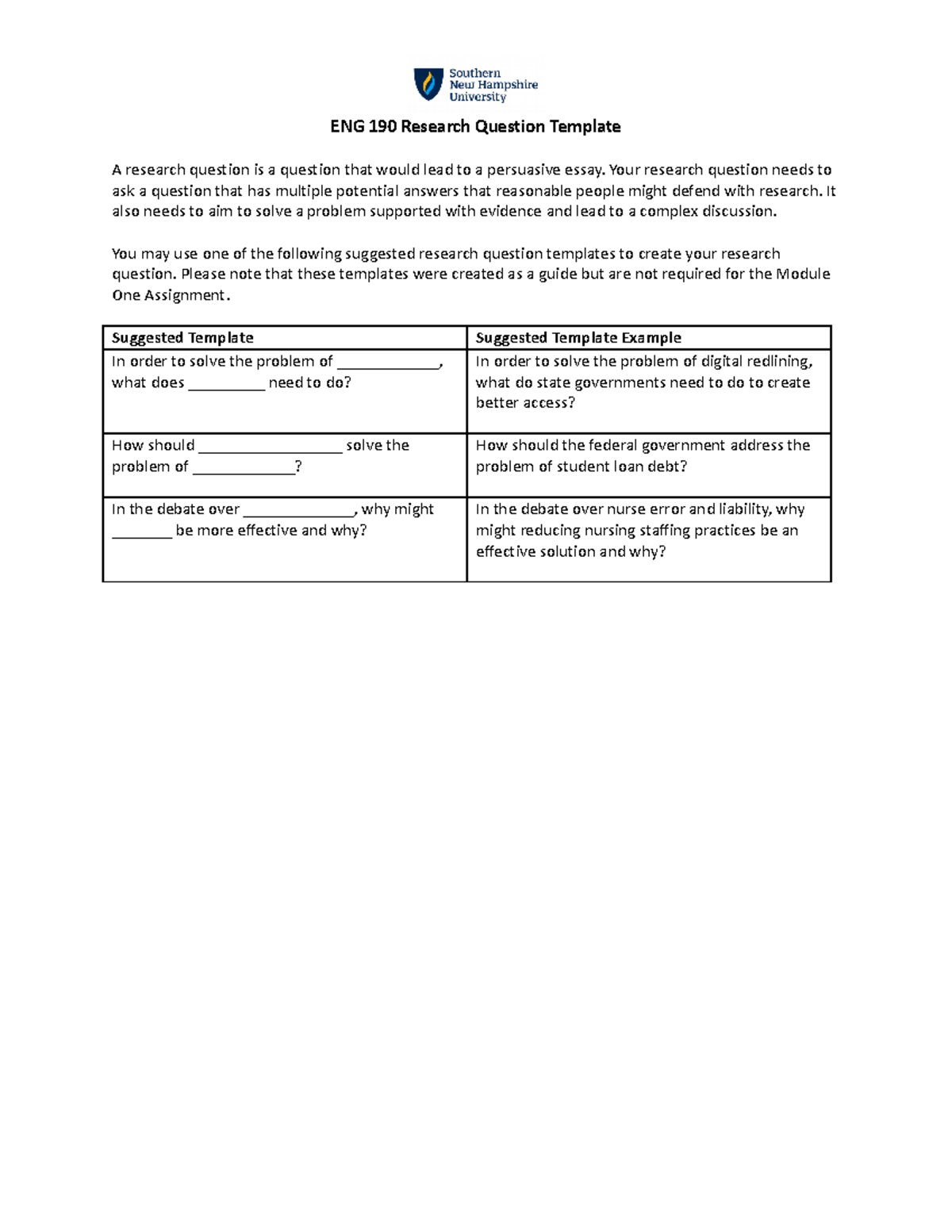 ENG 190 Research Question Template - Your research question needs to ...