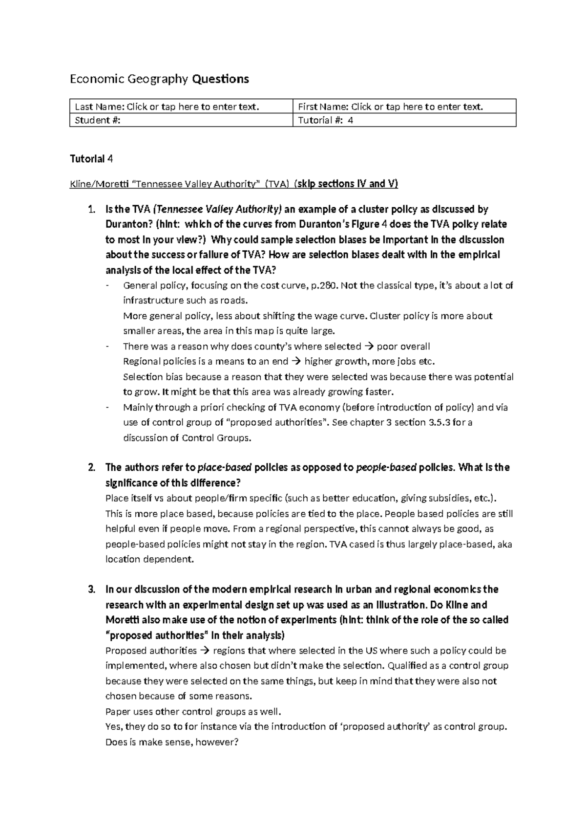 Economic Geography Questions tutorial 4 - Economic Geography Questions ...