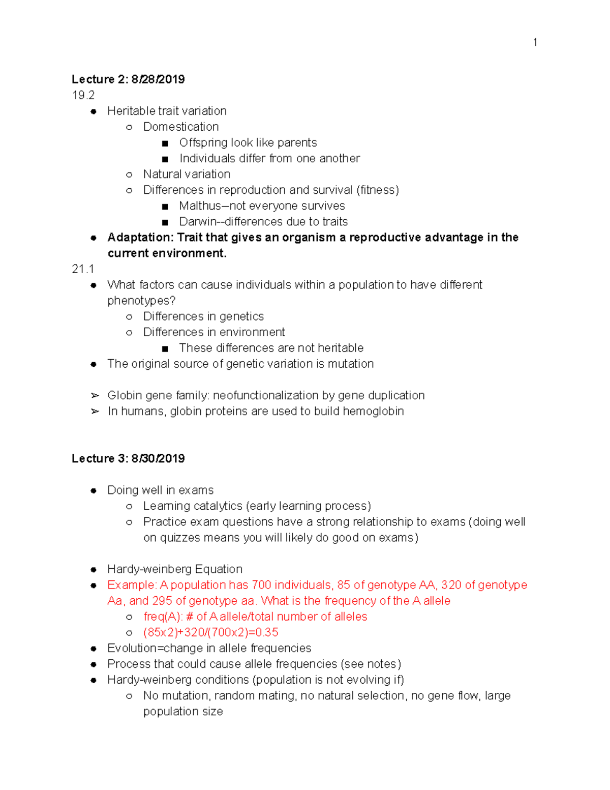 Exam 1 Notes - Lecture 2: 8/28/ 19. Heritable trait variation ...