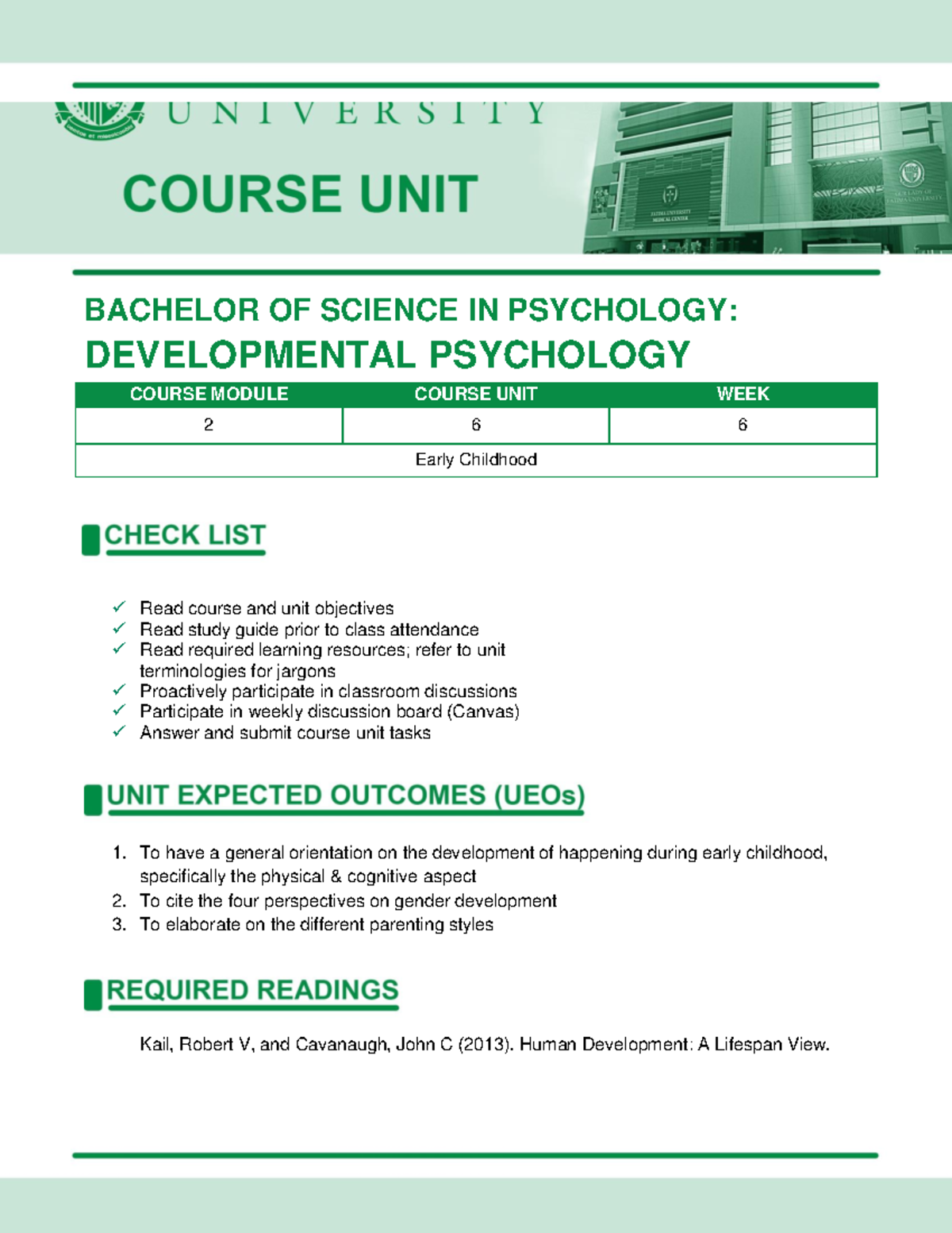 Early Child - BACHELOR OF SCIENCE IN PSYCHOLOGY: DEVELOPMENTAL ...