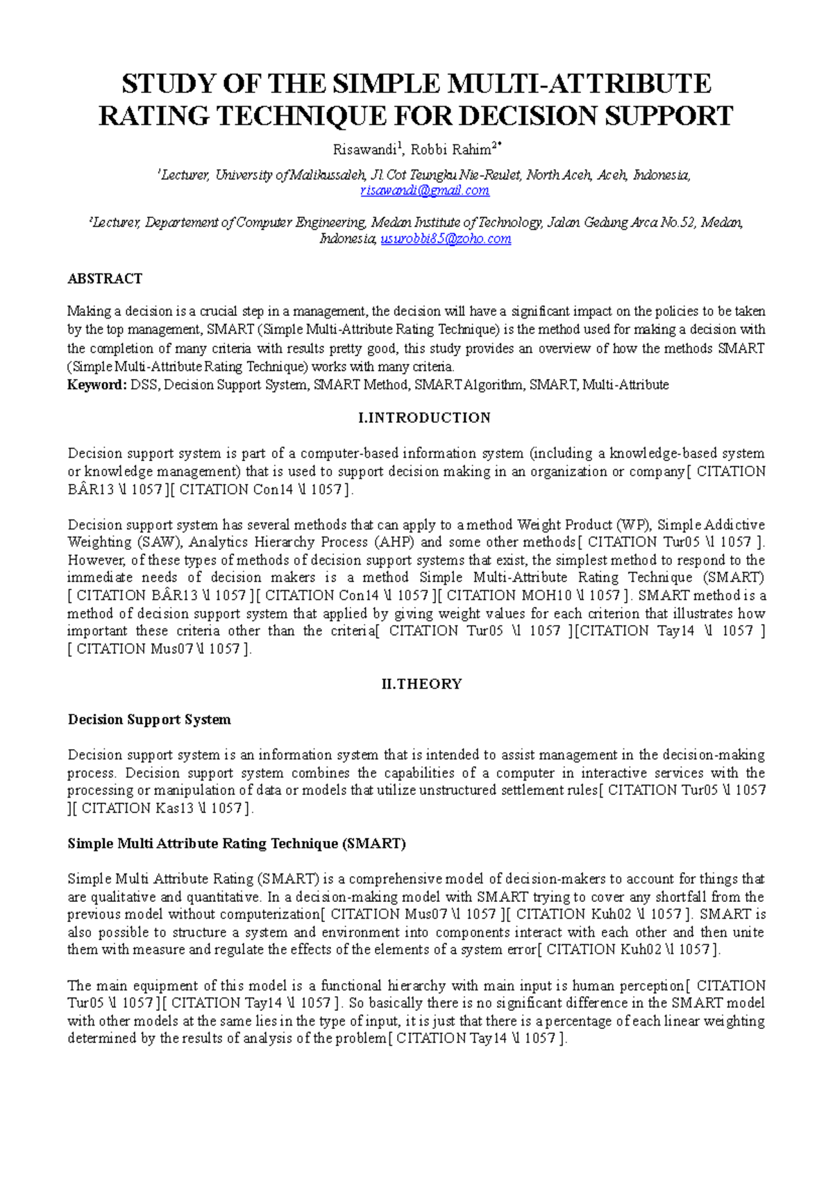 Study of Simple Multi Attribute Rating Technique - STUDY OF THE SIMPLE MULTI-ATTRIBUTE RATING ...