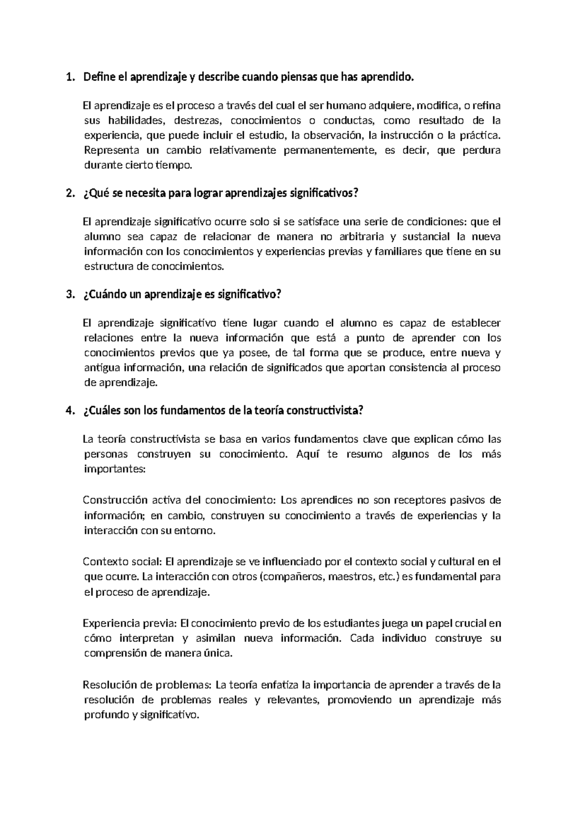 Aprendizaje - 1. Define el aprendizaje y describe cuando piensas que ...