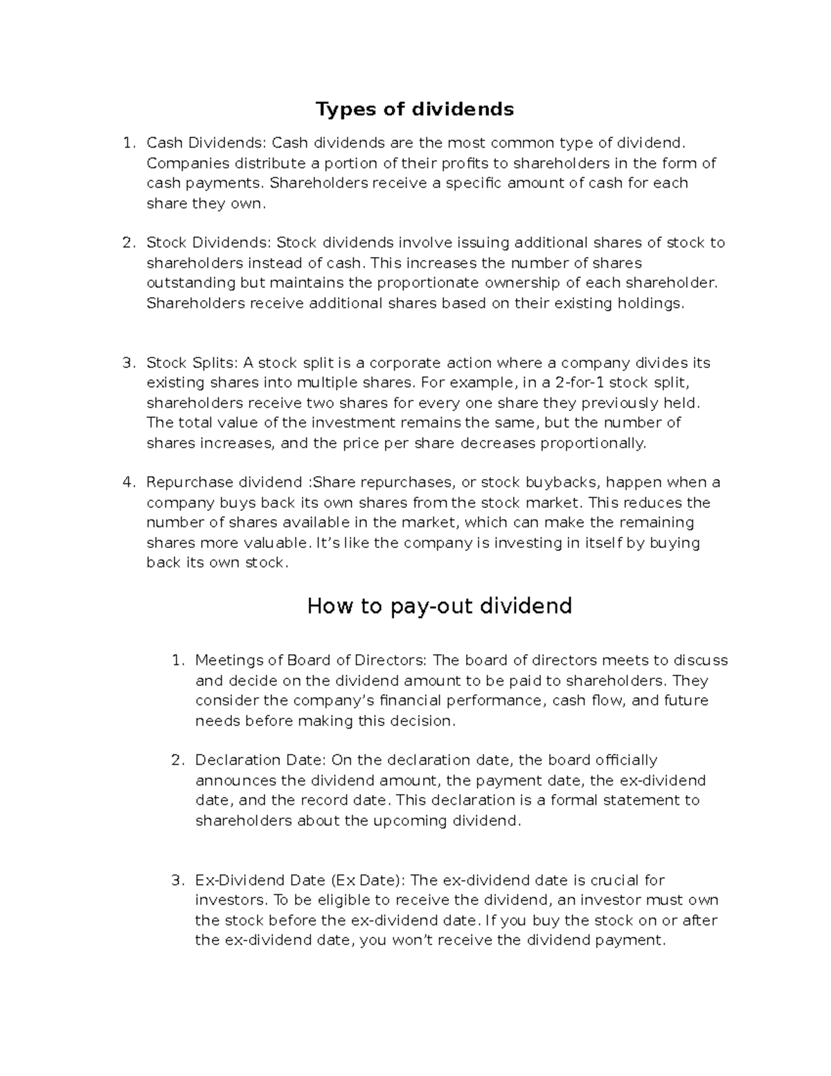 Corporate Finance - Types of dividends 1. Cash Dividends: Cash ...