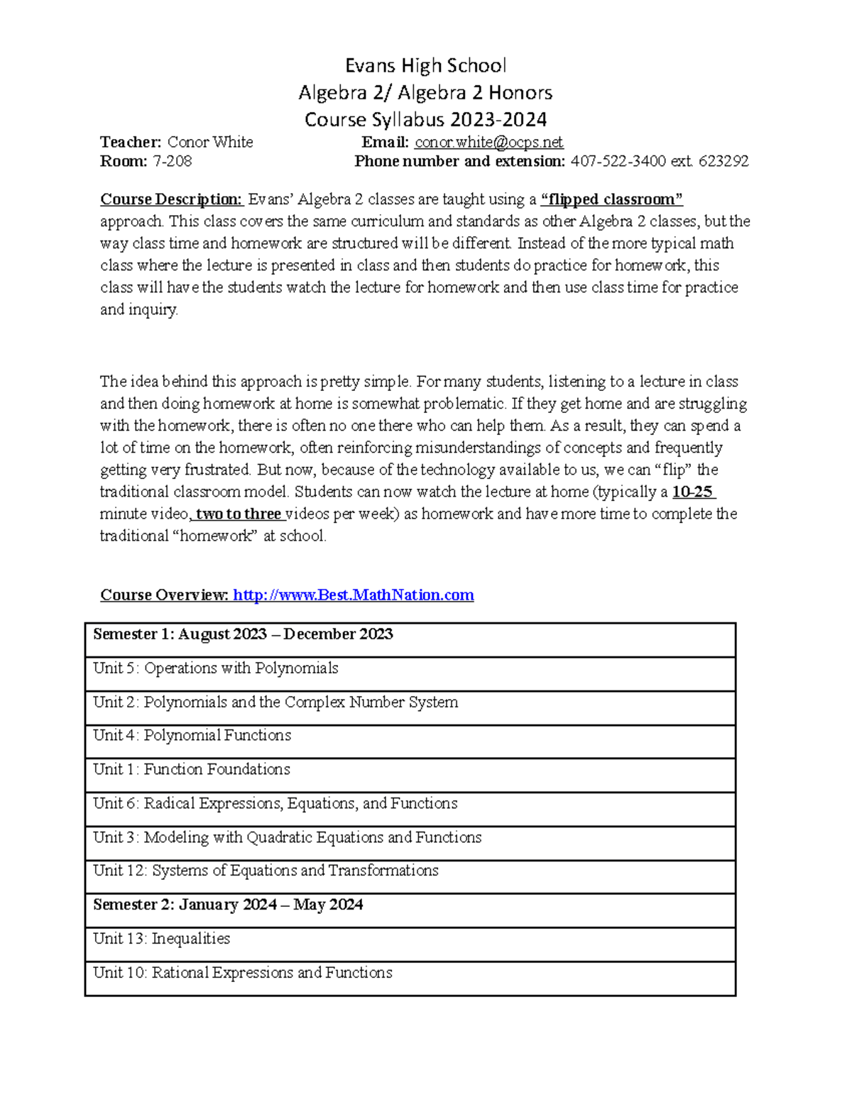 White Algebra 2 Syllabus SY2023 2024 - Algebra 2/ Algebra 2 Honors ...