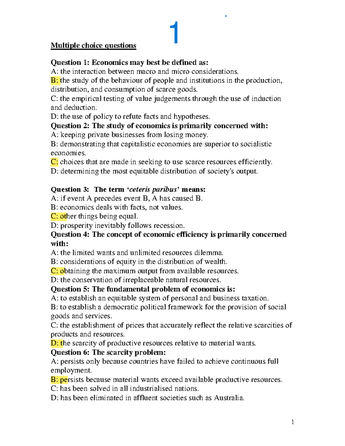 .Mulp 1 Economic concept - 1 Multiple choice questions Question 1 ...
