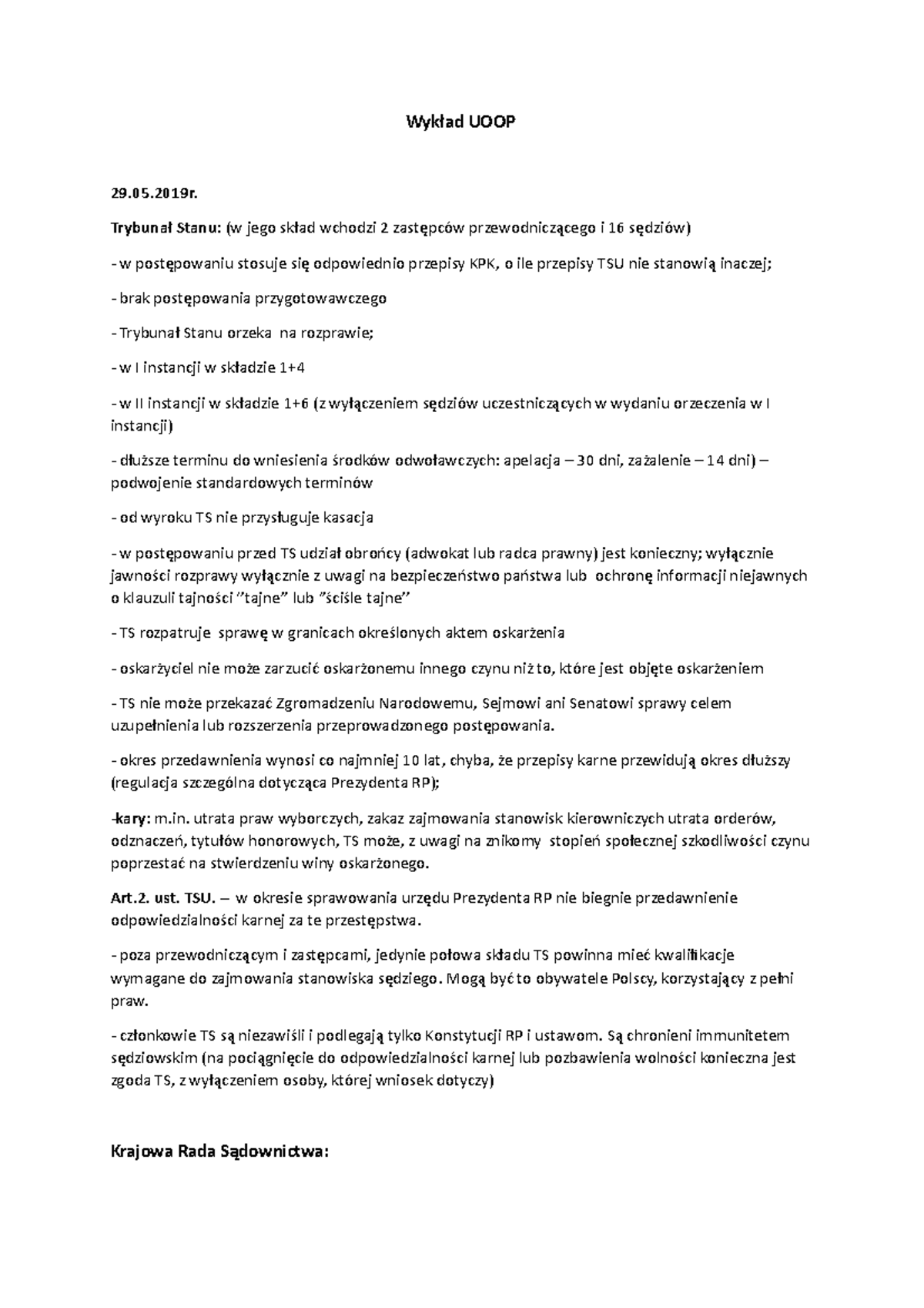 Wykład UOOP - Notatka z wykładu. - Wykład UOOP 29.05. Trybunał Stanu ...