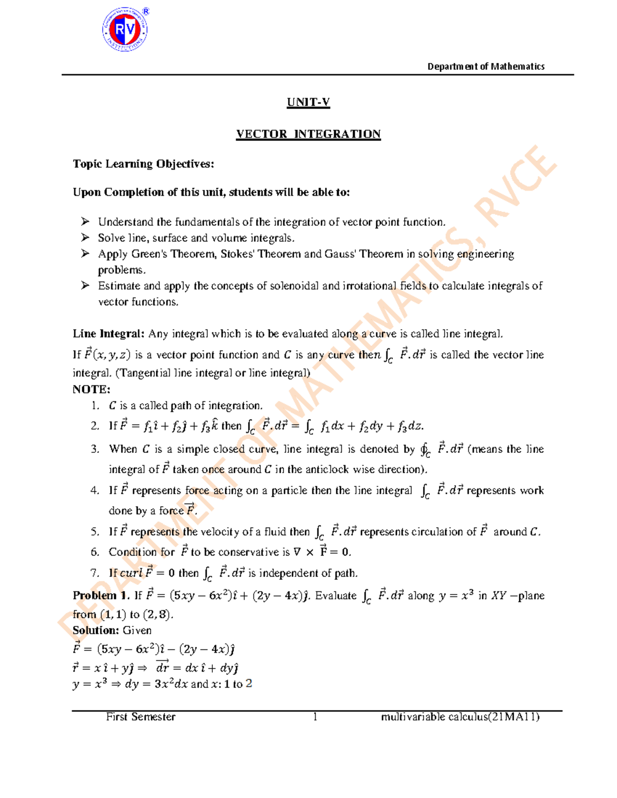 Unit-V-Vector integration - First Semester 1 multivariable calculus(21MA11) UNIT-V VECTOR - Studocu