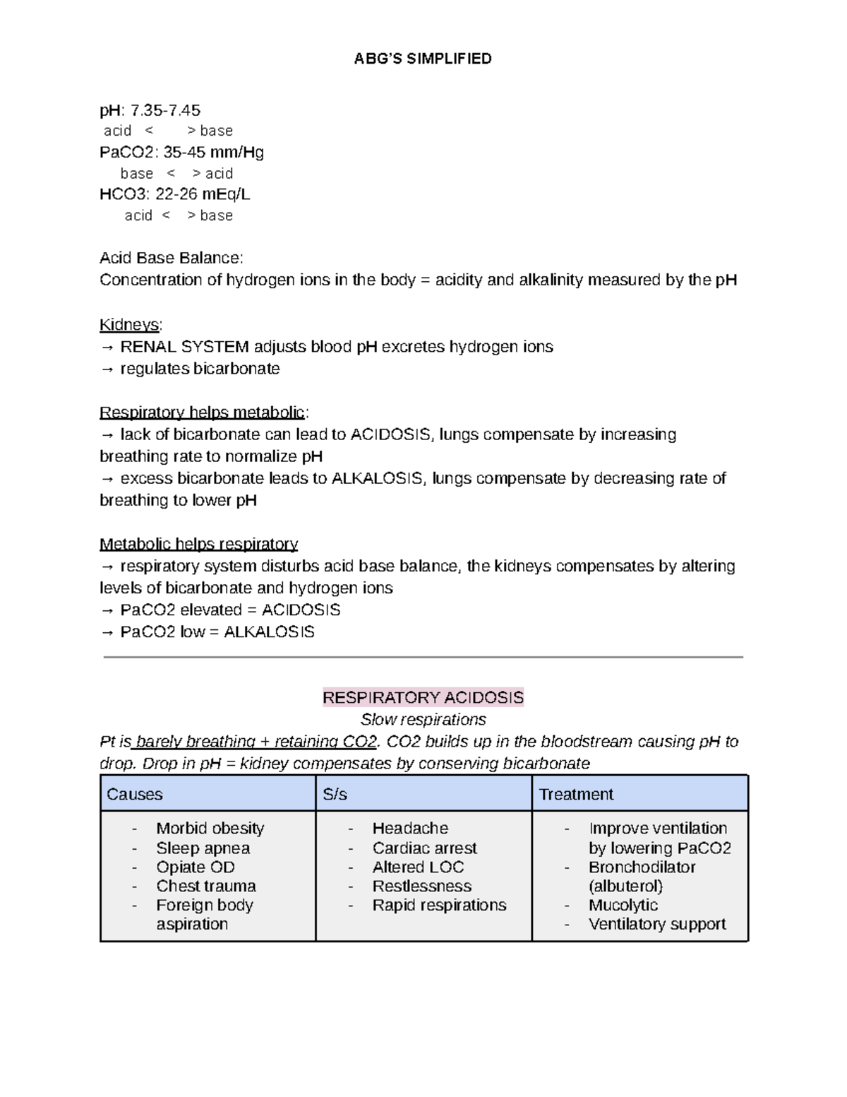 ABG's simplified - acid base balance - ABG’S SIMPLIFIED pH: 7-7. acid ...