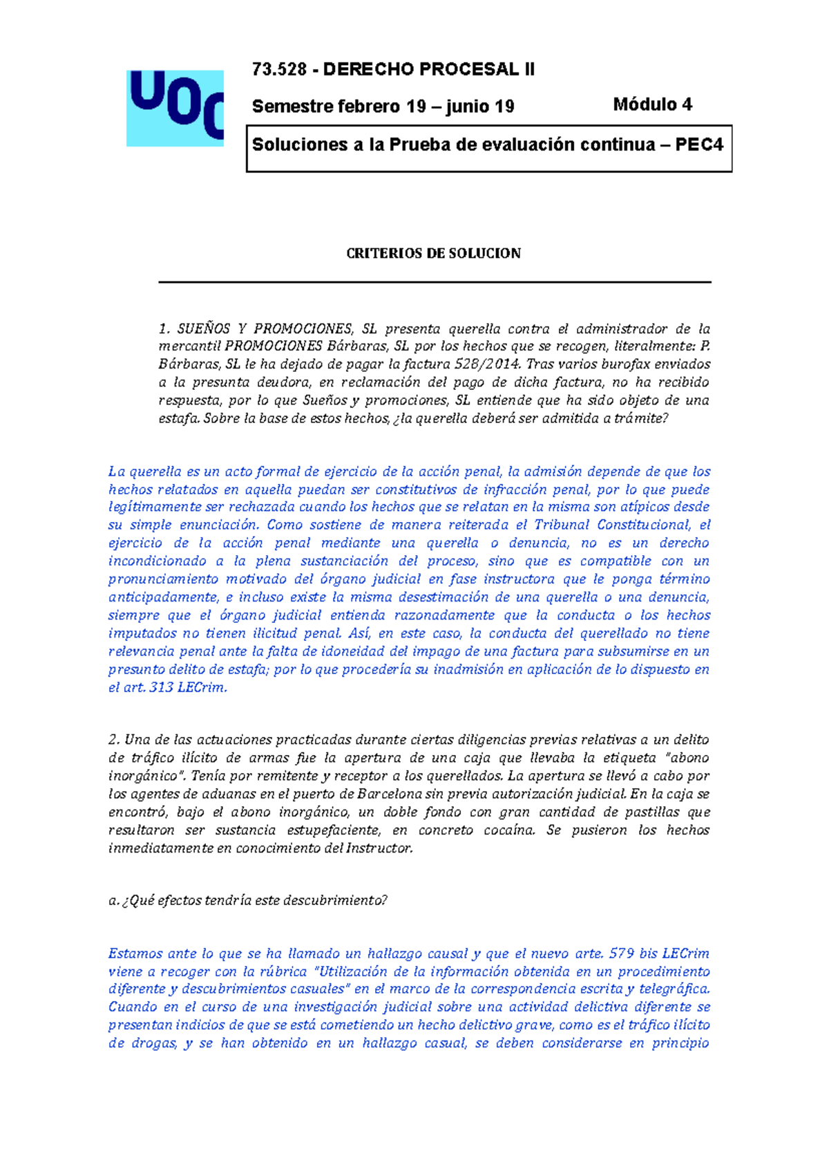 73528 Sol PEC 4 - SOLPEC - 73 - DERECHO PROCESAL II Semestre febrero 19 – junio 19 Módulo 4 ...