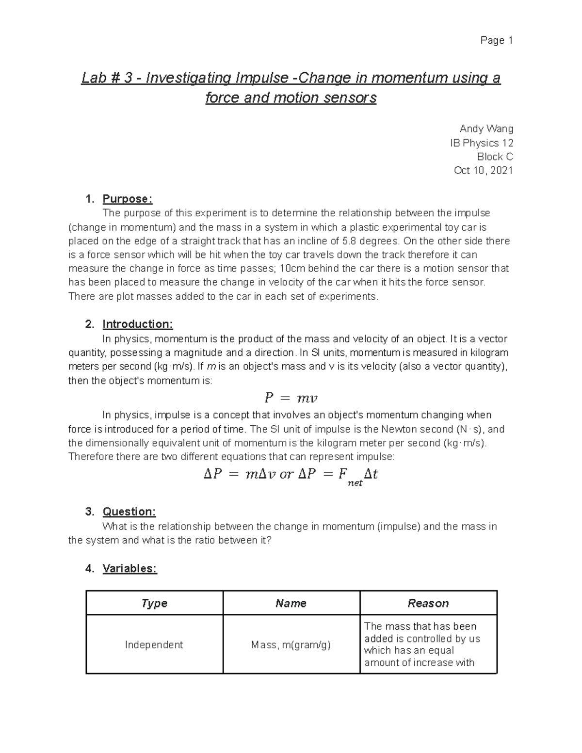 Lab # 3 - Investigating Impulse -Change in momentum using a force and ...