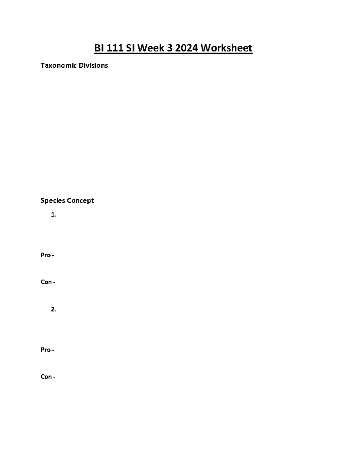 BI111 SI Week 3 Worksheet - BI 111 SI Week 3 2024 Worksheet Taxonomic ...