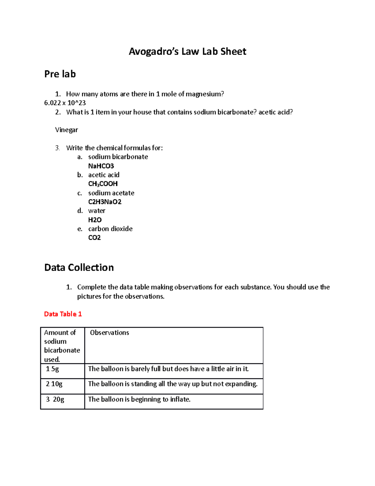 Avogadro's Law Lab Sheet - Avogadro’s Law Lab Sheet Pre lab 1. How many ...