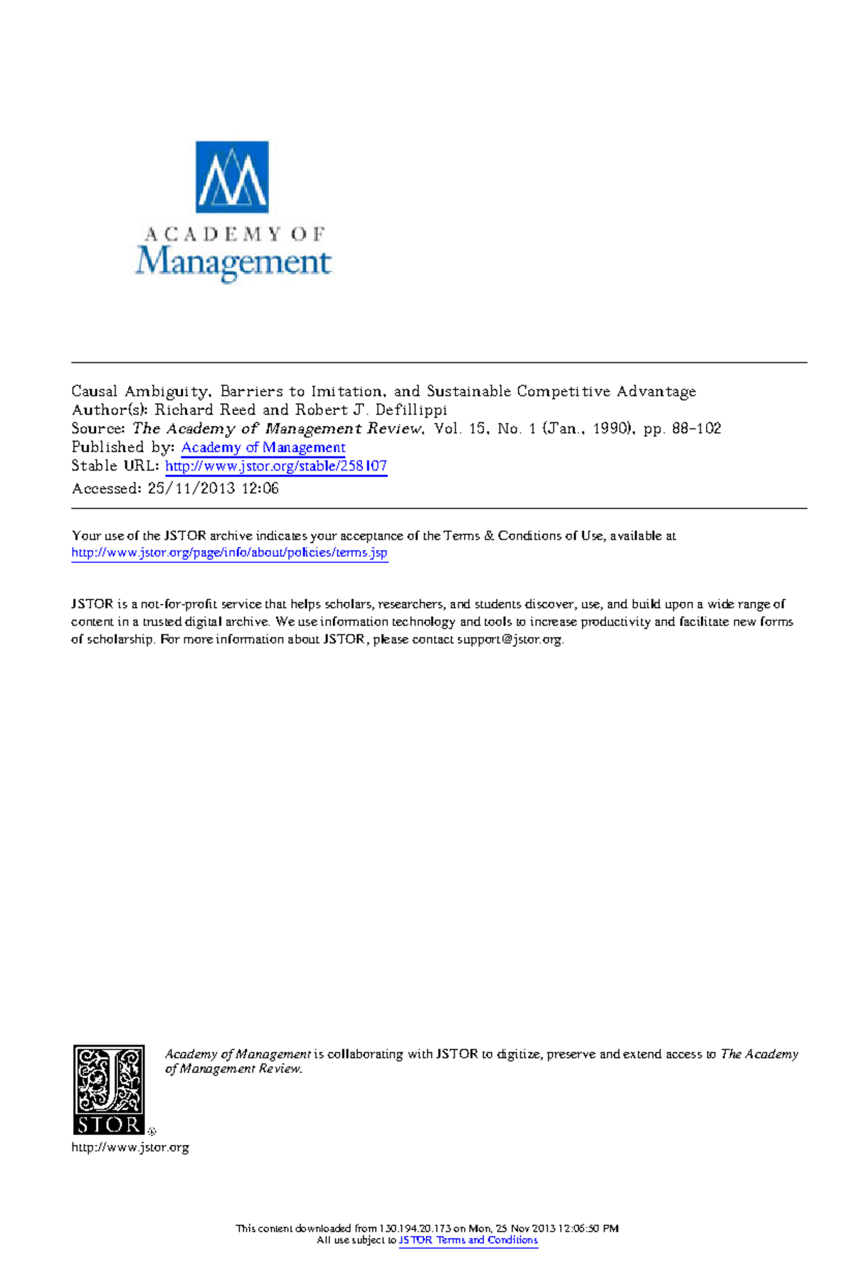 Reed1990 - dđdd - ####### Causal Ambiguity, Barriers to Imitation, and ...