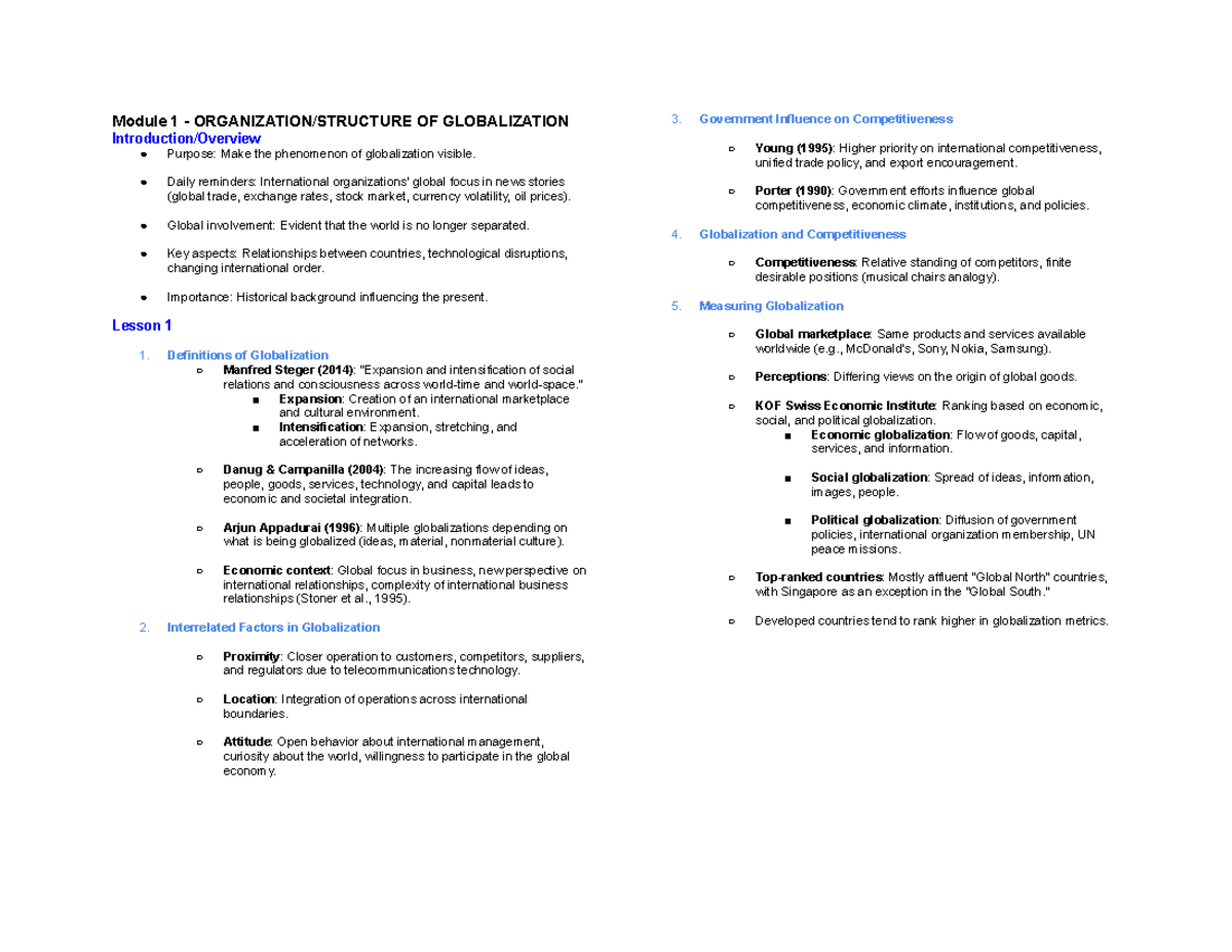 TCW Summarize - Module 1 - Module 6 - Module 1 - ORGANIZATION/STRUCTURE OF GLOBALIZATION - Studocu