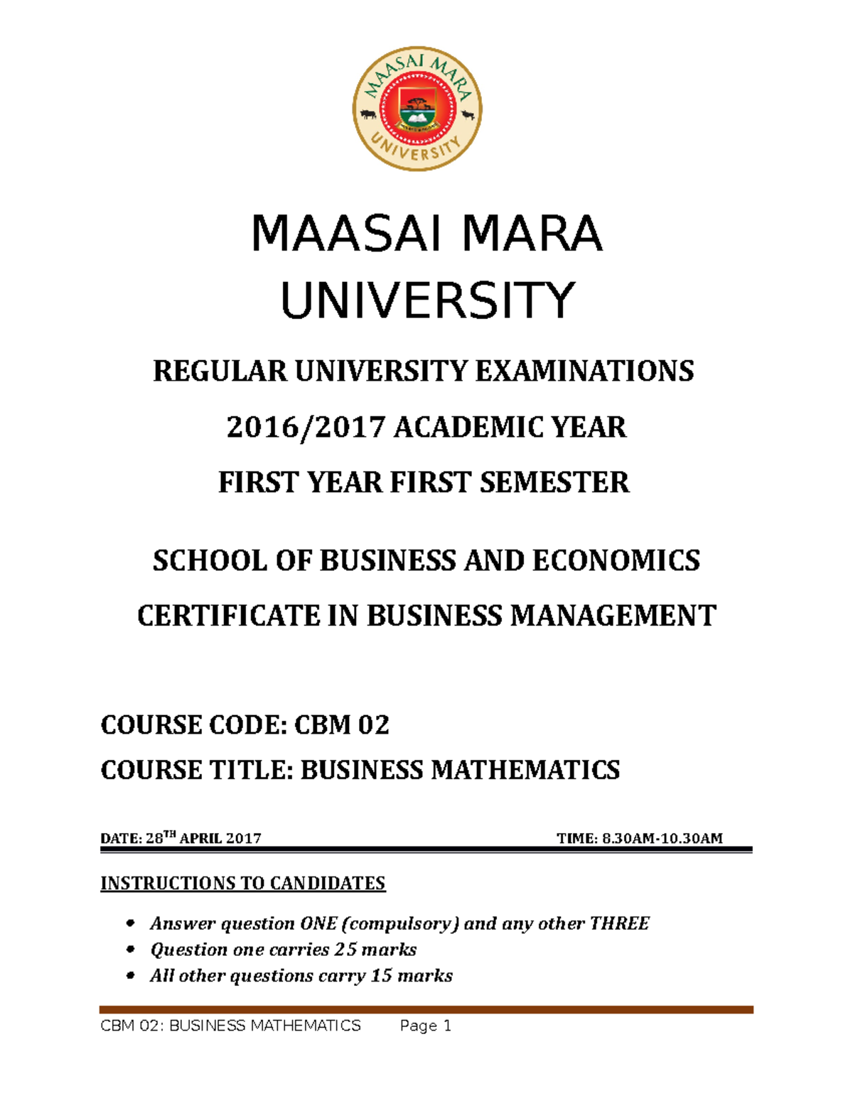 Introduction to business mathematics I revision past paper for first ...