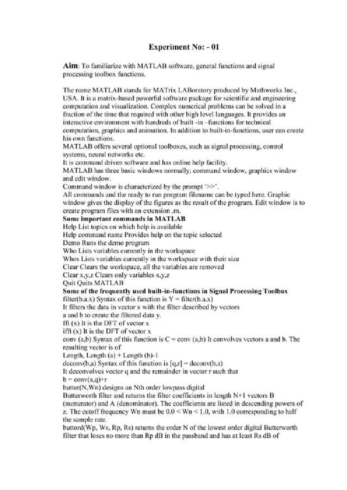 Dsp Laboratory Experiment No 01 Aim To Familiarize With Matlab Software General Functions