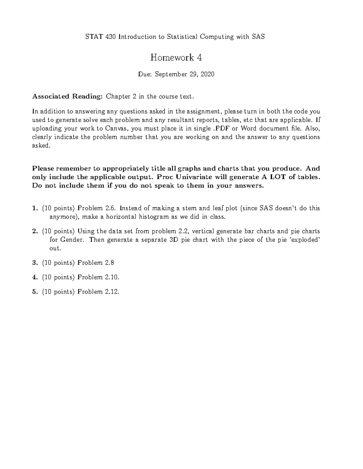 Homework 4fall2020 Stat 430 Introduction To Statistical Computing With Sas Homework 4 Due