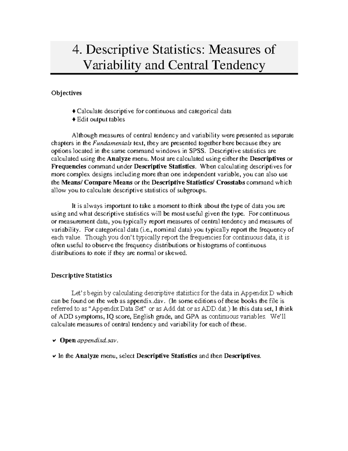 Spsschapter 4 - spss - 4. Descriptive Statistics: Measures of ...