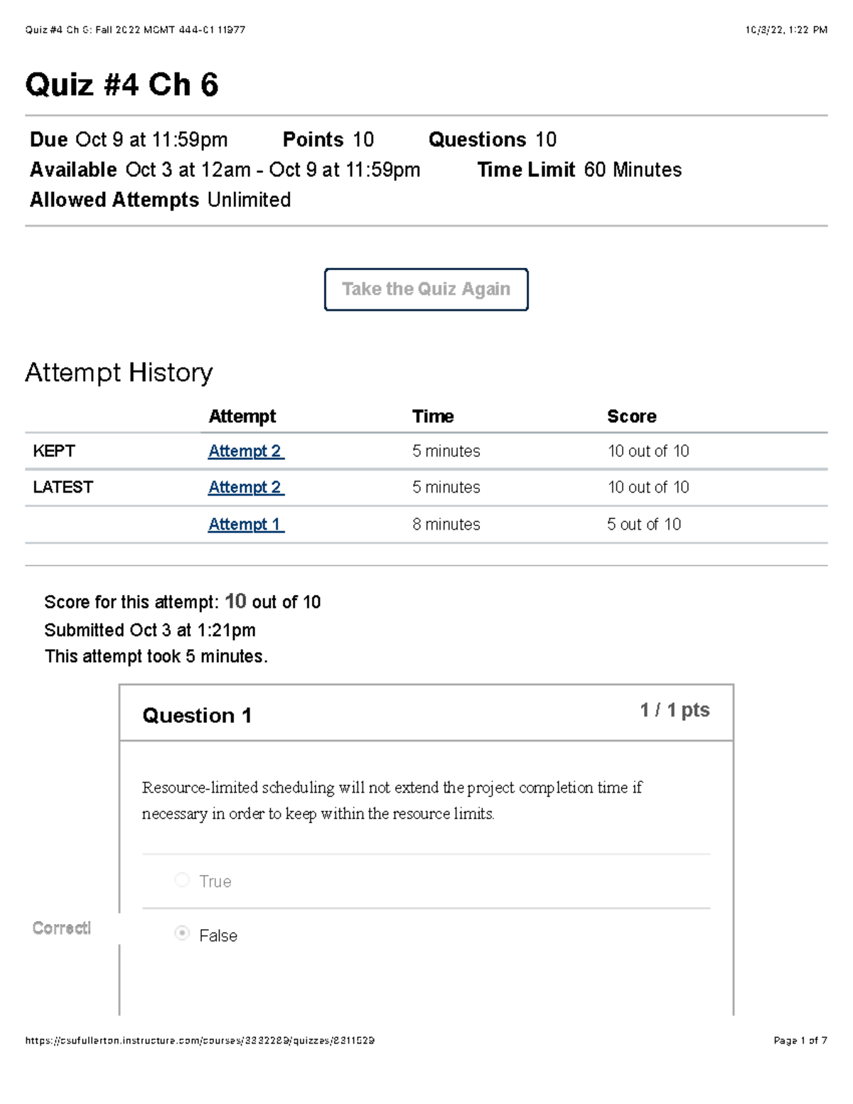 Quiz 4 MGMT 444 - Quiz #4 Ch 6 Due Oct 9 at 11:59pm Points 10 Questions ...