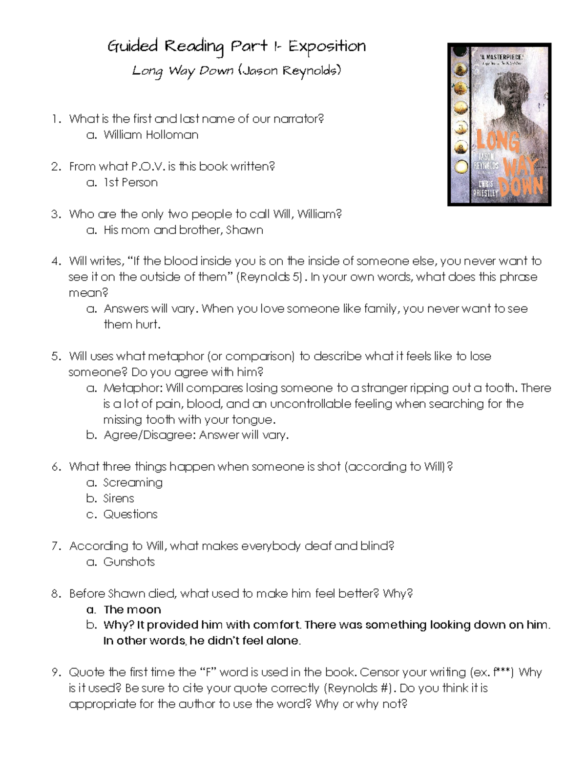 TS2 Long Way Down Reading Guide- Answer KEY - Guided Reading Part 1 ...