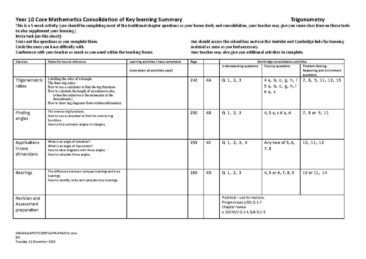 Student Summary Trigonometry 10 Core Maths 2019 Feb - Year 10 Core ...