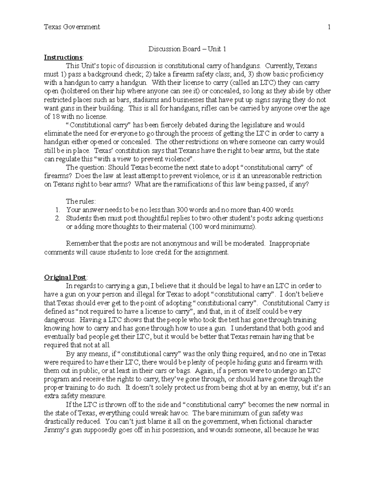 Discussion Board #1 - Texas Government Discussion Board – Unit 1 ...